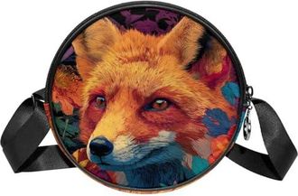 Generic Sac &agrave; bandouli&egrave;re circulaire pour femme, joli motif renard, petit sac &agrave; bandouli&egrave;re avec fermeture &eacute;clair, bretelles r&eacute;glables, sac &agrave; main rond d&eacute;cont