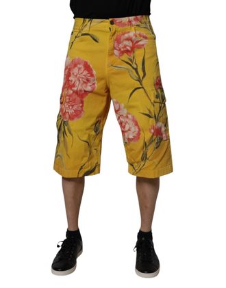 Dolce & Gabbana Yellow Floral Cargo Denim Men Bermuda Shorts Cotton