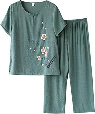 Generic Tenues 2 pi&egrave;ces en lin pour femme - Manches courtes - Imprim&eacute; floral - Ensemble de d&eacute;tente - Col rond - Ensemble d&eacute;t&eacute; assorti, Vert, 3XL