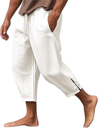 Generic Short long 3/4 sous le genou pour homme - Coupe ample - Pantalon chino blanc à ourlet ouvert - Short décontracté - Pantalon de jogging léger - Pantalo
