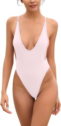 SHEKINI Damen Einteiliger Badeanzug V Ausschnitt Rückenfrei Bademode Brasilien Tanga Hoher Schnitt Monokini Strandmode Swimsuit(X-Small,Rosa)