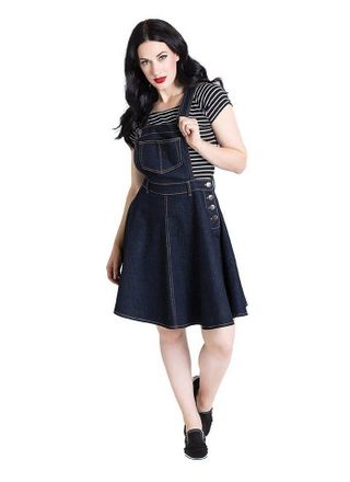 Hell Bunny A-Linien-Kleid Dakota Pinafore Dress Navy Retro Vintage Latzkleid Denimkleid