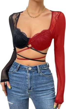 Onsoyours Femme Top Y2k Haut Court &agrave; Manches Longues Ajust&eacute; Crop Tops Dentelle D&eacute;contract&eacute; Col V Couleur Unie Basiques Transparent T-Shirt Slim Fit Shirt Sexy Y