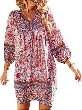 Onsoyours Robe Casual Femme Floral Imprimé Décontracté Mini Manches Courtes Col en V Courte Fleurie Volants Boho Slim Fit C Rose XL