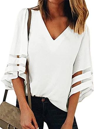TOMWELL Blouse Femme Chemisier Manche 3/4 Trompette Top Chemise Tunique Haut Imprimé Col V en Chemise Lâche Mousseline T Shirt Couleur Unie Décontracté Tops A