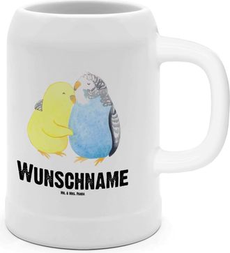Mr. & Mrs. Panda Personalisierter Bierkrug Wellensittich Liebe - Personalisierte Geschenke, Verknallt, Mit Namen, Umarmen, Maßkrug Bedruckt, Edelstahlkrug, glücklich, 