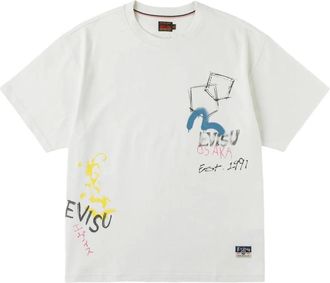 Evisu Homme, Tops, Blanc, Taille: L T-shirt Graffiti Daicock Dessin&eacute; &agrave; la Main et Multi-poches