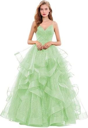Generic Robe de bal en tulle pailleté avec col en V et bretelles spaghetti, robe de demoiselle dhonneur, robe de soirée formelle longue à étages, menthe, 56 G