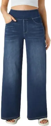 Generic Grevela Jean à enfiler pour femme - Jambe large - Taille haute - Extensible - Tendance - Jambe large - Pour femme, noir foncé, XXL