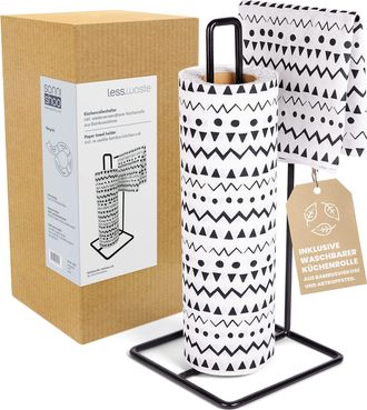 Sanni Shoo Küchenrollenhalter schwarz mit Küchenrolle waschbar, Wieder-verwendbare Küchentücher aus Bambus inklusive Halter, Haushaltspapier wiederverwenbar inkl