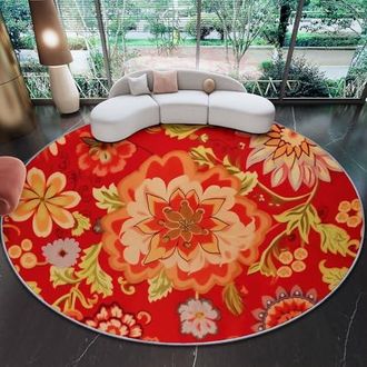 Generic Tapis Rond Salon, Floral boh&egrave;me Vintage Tapis de Sol D&eacute;coration Antid&eacute;rapant 150 cm (Round) Tapis de Sol D&eacute;coration Antid&eacute;rapant Rouge