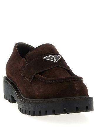 Prada Suede with Enameled Logo Loafers - Brown