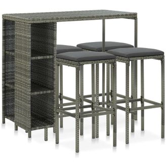 vidaXL Meuble de bar de jardin 5 pcs et coussins R&eacute;sine tress&eacute;e Gris