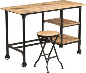 vidaXL Vidaxl - Bureau gamer avec tabouret pliant en bois de manguier massif 115x50x76cm - Surface polie et laqu&eacute;e - 2 &eacute;tag&egrave;res et roulettes