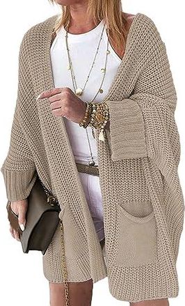TOMWELL Gilet Femme Hiver Cardigan Long Tricot Veste Ouvert Épais Manches Longues Pull Gilet Chaud Capuche Manteau Sweater Chandail Outwear Z Kaki XXL