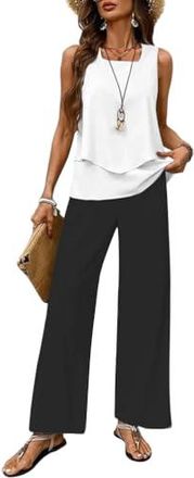 TOMWELL Ensemble Femme 2 Pièces Col Carré sans Manches Top + Jambes Larges Pantalons Set Dété Loungewear Outfit B Blanc XS