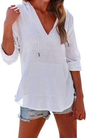 Generic Sweat &agrave; capuche &agrave; manches longues et col en V pour femme, 1B-blanc, XXL