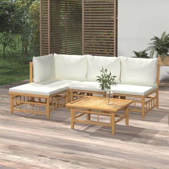 vidaXL 5-tlg. Garten-Lounge-Set mit Cremewei&szlig;en Kissen Bambus - Vidaxl