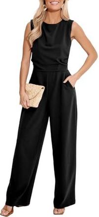 Cupshe Combinaison pour femme, col rond, sans manches, plissée, jambes larges, avec poches, élégante, Noir, M