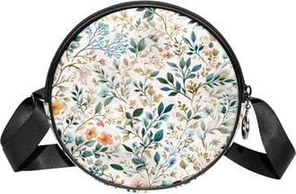 Generic Petit sac &agrave; bandouli&egrave;re circulaire pour femme, motif floral et feuilles, sac &agrave; dos &agrave; bandouli&egrave;re r&eacute;glable avec fermeture &eacute;clair, sac &agrave; main rond d&eacute;con