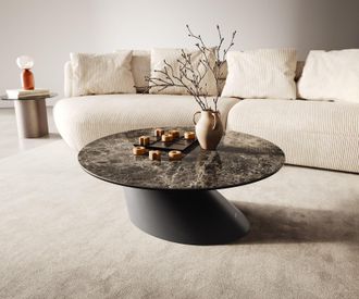 DELIFE Couchtisch Edge Rund 90x90 cm Keramik Emperador Extra Lucidato Dunkelbraun Conis Metall Schwarz, Couchtische