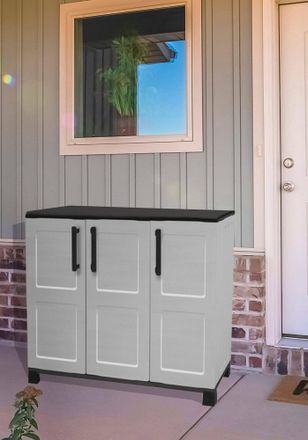 Dmora Outdoor-Garderobe aus Fell, Mehrzweck-Balkongarderobe, 3-türiger Outdoor-Schrank, 100 % Made in Italy, 102 x 37 x 90 cm, Hellgrau und Schwarz, kariert