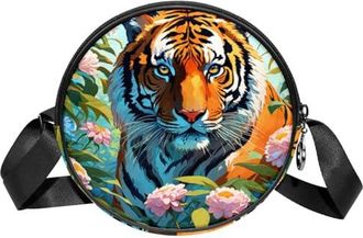 Generic Petit sac &agrave; bandouli&egrave;re rond pour femme, motif fleur de tigre, sac &agrave; dos avec fermeture &eacute;clair, bretelles r&eacute;glables, sac &agrave; main rond d&eacute;contract&eacute; pour 