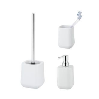 Schöner Wohnen Kollektion Bad-Accessoire Set Mod. Adine 3-teilig aus hochwertiger Keramik in modernem Weiß Zahnputzbecher Seifenspender WC-Garnitur Maße 11 cm x 38,5 cm x 11 cm