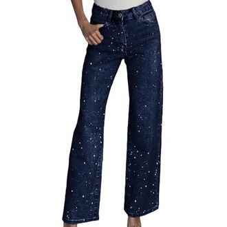 Generic Jean taille haute avec strass scintillants pour femme - Pantalon baggy droit et large - Diamant brillant - Style d&eacute;contract&eacute; - Pantalon en jean &agrave; pail