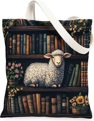 Generic Sac fourre-tout en toile de mouton printanier pour faire du shopping, 33 x 38,1 cm, sac d&eacute;picerie r&eacute;utilisable pour femme, peinture esth&eacute;tique, d&eacute;cora