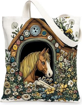 Generic Sac fourre-tout en toile motif cheval printanier pour faire du shopping, 33 x 38,1 cm, maison amusante et r&eacute;utilisable, motif imprim&eacute; floral, plage, e