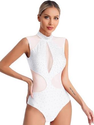 TiaoBug Femme Léotards de Danse Ballet Col Haut Justaucorps de Gymnastique à Paillettes Body Bodysuit de Patinage Artistique Dos Nu Dancewear S-XXL Blanc C M
