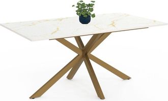 IDMarket Idmarket - Table à manger rectangle alix 8 personnes pied araignée laiton et plateau effet marbre blanc alaska 160 cm