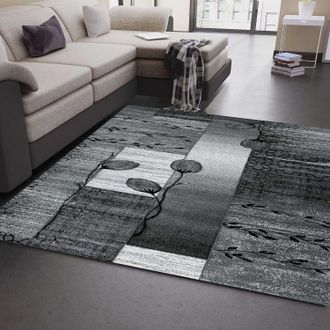 Vimoda Designer Teppich Grau Schwarz Creme Blumenmotiv meliert und Konturenschnitt von Hand, Maße:200x290 cm