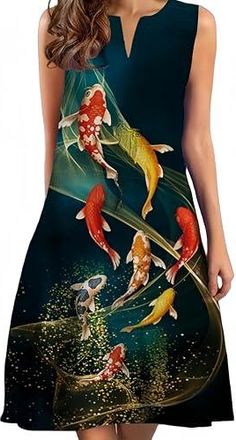 Ocean Plus Femme Robe dété Mi-Longue Décontractée Col en V sans Manches Grande Taille (L, Poisson Rouge dans lEau)