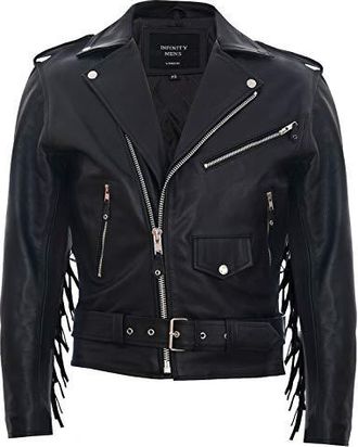 Infinity Leather Veste de Moto Noir Brando Pompé en Cuir à Franges pour Hommes Rétro 2XL