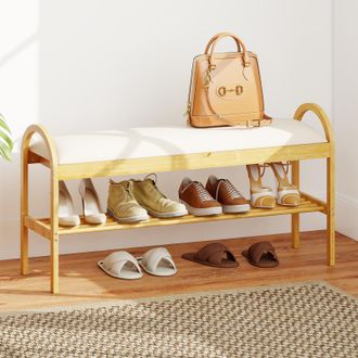 Giantex Schuhbank aus Bambus, Schuhregal mit Sitzfl&auml;che, Klappdeckel & verstecktem Stauraum, gepolsterte Eingangsbank, Schmale Flurbank f&uuml;r Wohnzimmer, Schlaf