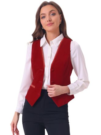 Allegra K Damen Anzugweste Samtweste Retro &Auml;rmellos V-Ausschnitt Steampunk Weste Rot L