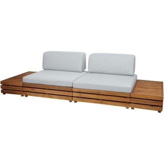 Hhg Garten-Garnitur HHG 094, Lounge-Set Sitzgruppe Lounge-Sessel Sofa, Spun Poly Akazie Holz mvg Polster hellgrau