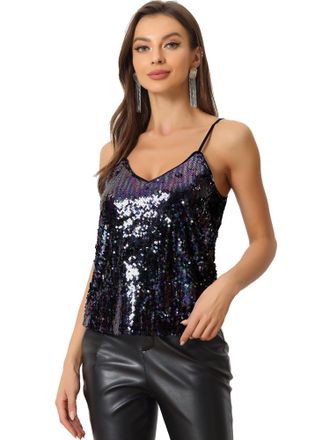 Allegra K Damen Festliches Oberteil Glitzer Top Spaghetti Party Club Camisole Pailletten Shirt Schwarz Blau Gr&uuml;n XS