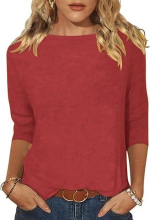 Minetom Femme T-Shirt à Manches 3/4 Col Bateau Tee Shirt Coupe Classique Ample Léger Printemps été Automne Basic Top A Rouge XL
