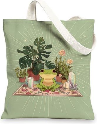 Generic Sac fourre-tout en toile amphibien, motif animal mignon, sac de courses réutilisable, sac de courses bohème, léger et lavable avec bandoulière, vert, 