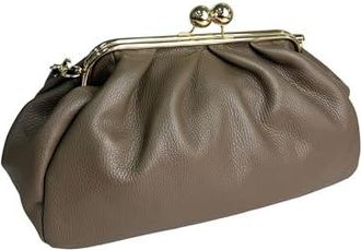 Generico Sac femme en cuir v&eacute;ritable - Pochette souple avec fermeture &agrave; clip - Fabriqu&eacute; en Italie - Sac &eacute;l&eacute;gant de jour et de soir&eacute;e, Taupe fonc&eacute;
