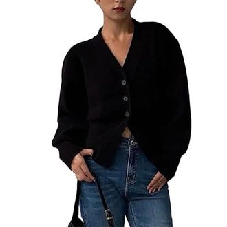 Generic Cardigan &agrave; col en V pour femme Style cor&eacute;en d&eacute;contract&eacute; &eacute;l&eacute;gant &agrave; manches longues Tricot, noir, Taille Unique