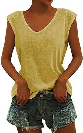Generic Chemises tendance &agrave; manches courtes d&eacute;contract&eacute;es sans manches pour femme - Coupe ample - Col en V - Basique - &Eacute;t&eacute; 2025 - D&eacute;bardeurs solides pour sort