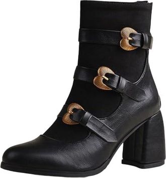 Smilice Bottines pour femme avec embout carr&eacute; | Talon bloc de 7,5 cm | Fermeture &eacute;clair arri&egrave;re | Doublure en fourrure | Pour le quotidien et le travail, Noir