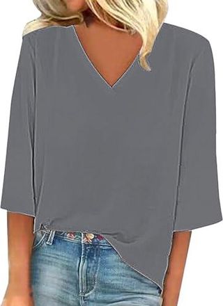 Generic Chemise unie à manches courtes pour femme, couleur unie, tendance, décontracté, col en V, manches trois-quart, vêtements pour la vie quotidienne, cade