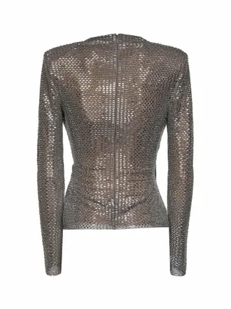 Self Portrait Womens Mesh Wrap Top With Grey Rhinestones Polyester Tops