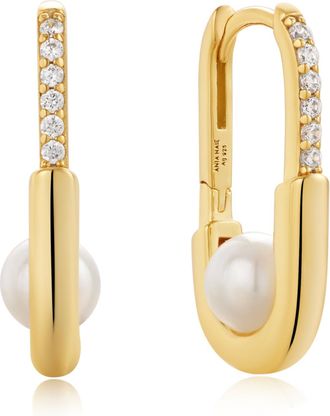 Ania Haie Damen Creolen MODERN MUSE Ohrringe aus 925 Sterling Silber 14k vergoldet, besetzt mit 12 Zirkonia und 2 Muschelperlen, Gr&ouml;&szlig;e: 21,5x12 mm, inkl. Gesche