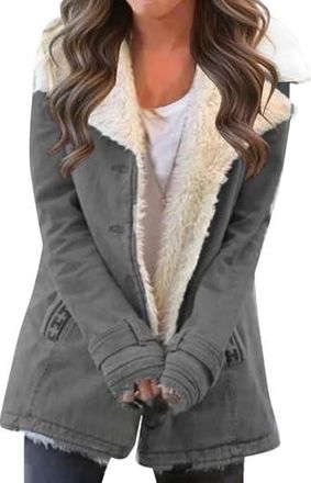 Generic Veste dhiver chaude en polaire Sherpa doubl&eacute;e de grande taille avec revers boutonn&eacute;, manteau dext&eacute;rieur en composite tendance pour femme, gris, 4XL